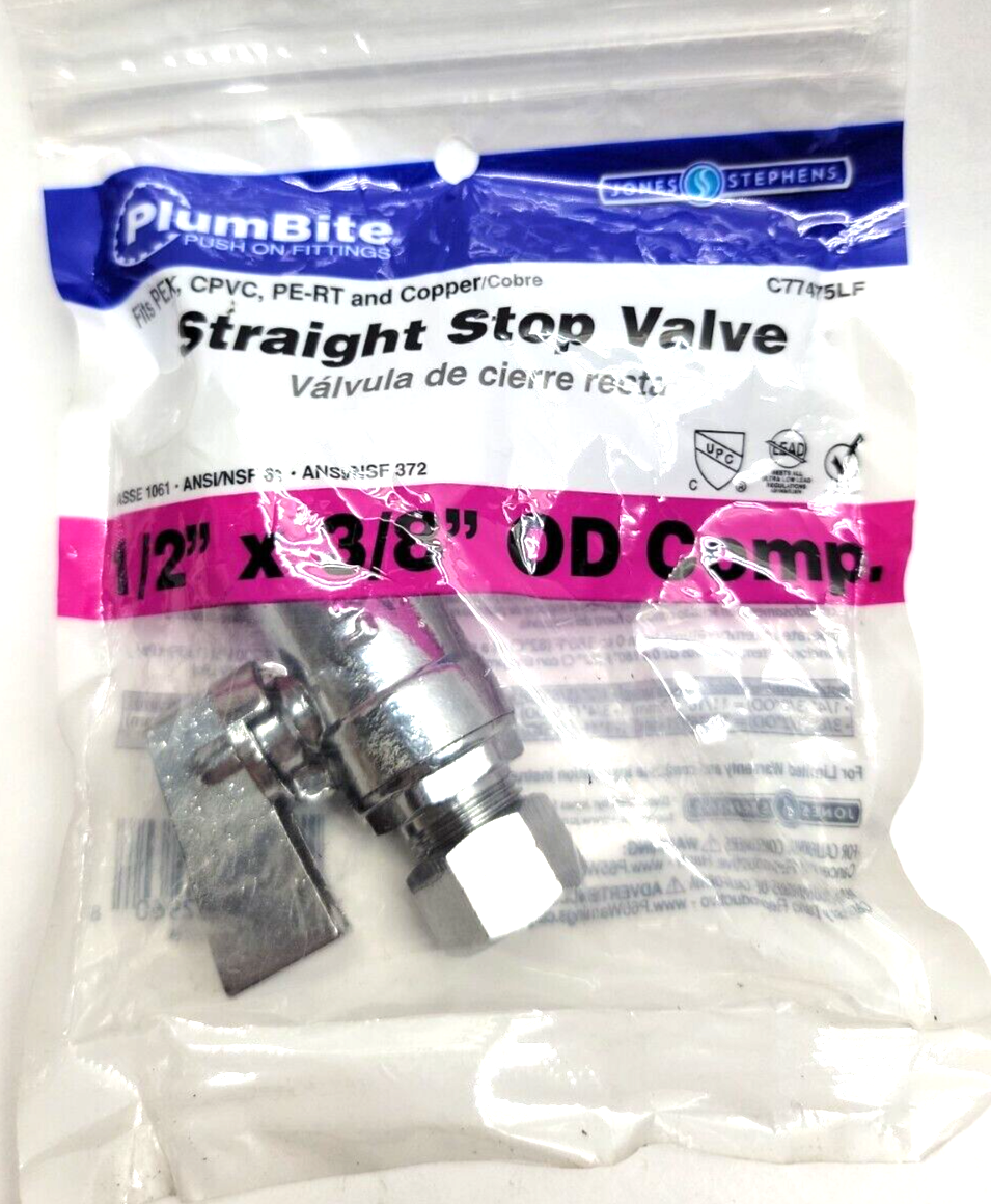 Jones Stephens PlumBite Straight Stop Valve 1/2" x 3/8" OD C77475LF | eBay
