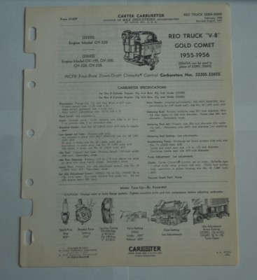 1955 56 REO TRUCK V8 GOLD COMET CARTER SPEC SHEET WCFB 4 BARREL SPECS ...