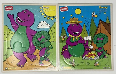 1993 Barney Frame Tray Puzzles (2) Camping Super-Dee-Duper Day Campfire ...