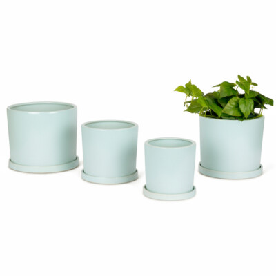 4pc Cylindrical Light Blue Pot Container Planter w/ Saucer Set Home ...