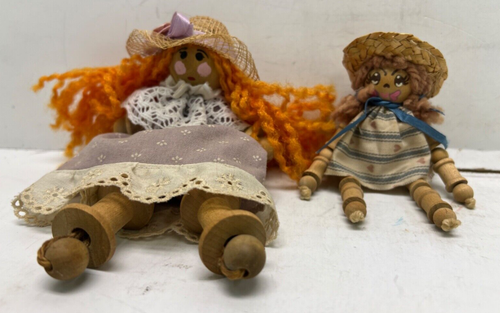 two very cute hand crafted wooden thread spool dolls | eBay