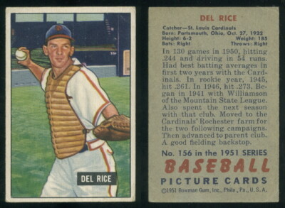 (68666) 1951 Bowman 156 Del Rice Cardinals-VG+ | eBay