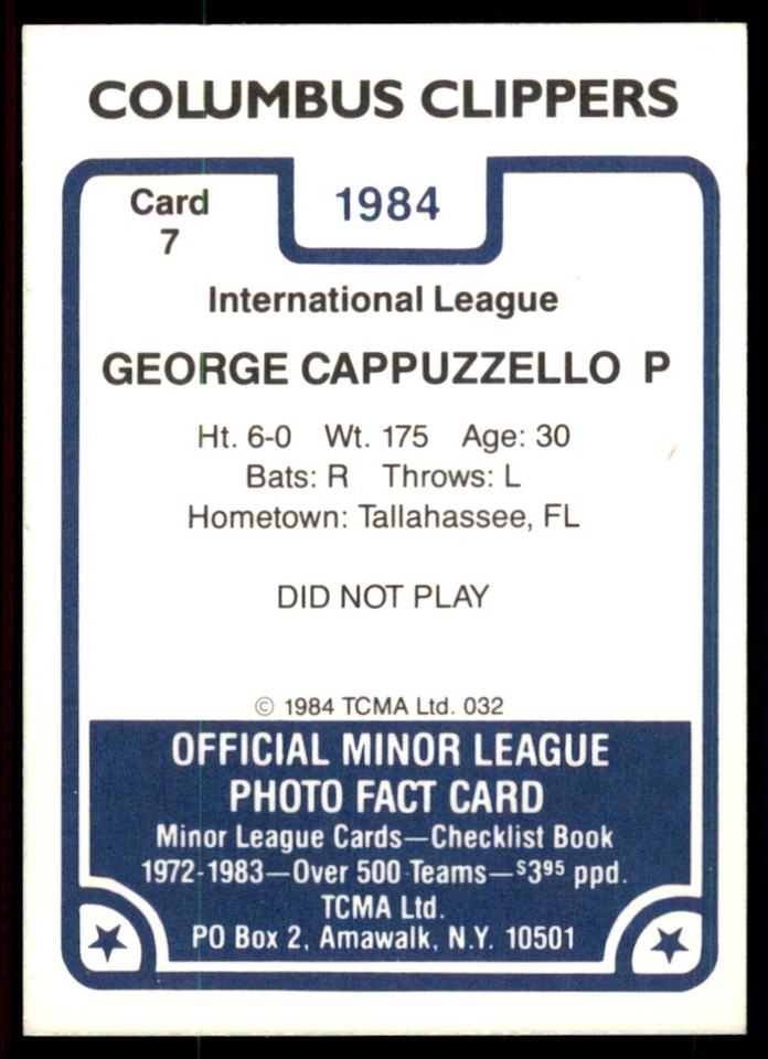 1984 TCMA Minor League George Cappuzzello (D) Columbus Clippers #7 | eBay