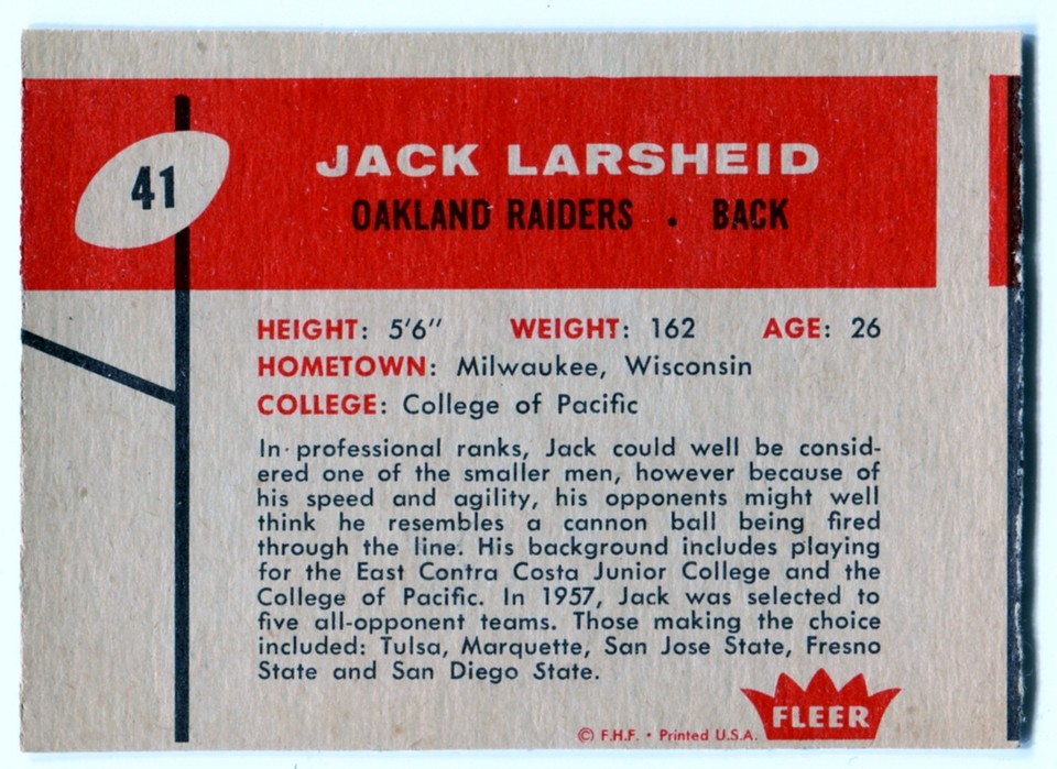 1960 Fleer FRANK TRIPUCKA Denver Broncos Rare Error JACK LARSHEID RC ...