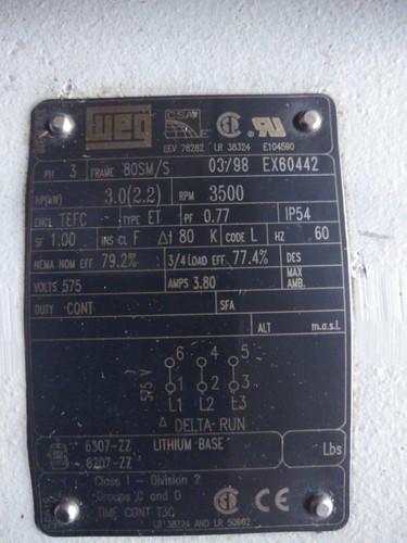 WEG Saw Arbor Motor EX60442 3HP 3500RPM 575V | eBay