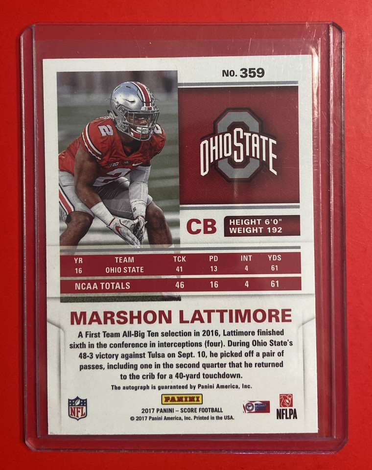 2017 Score #359 Marshon Lattimore Autograph Signed Rookie Card RC Ohio ...