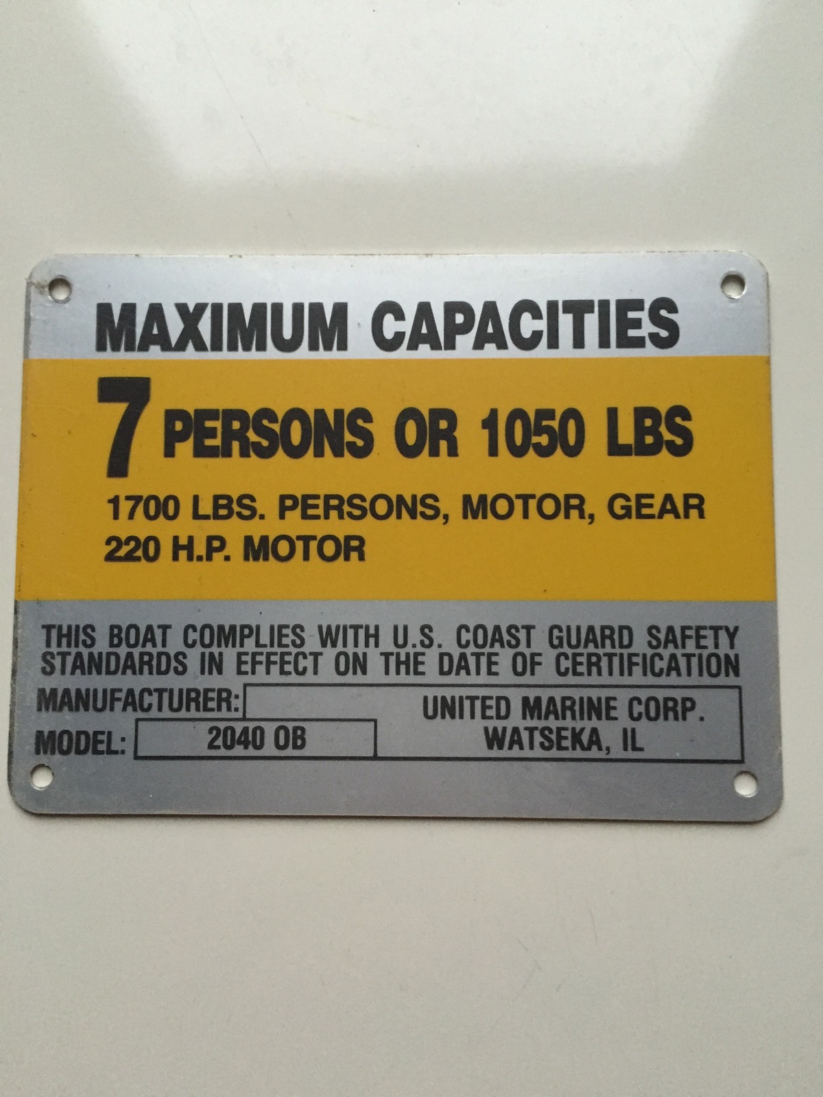 United Marine Corp Boat Capacity Plate~Tag 7 Person or 1050 Lbs~220 HP ...