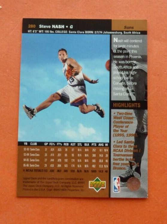 1996-97 Upper Deck Basketball, Steve Nash Rookie Card #280, Phoenix ...