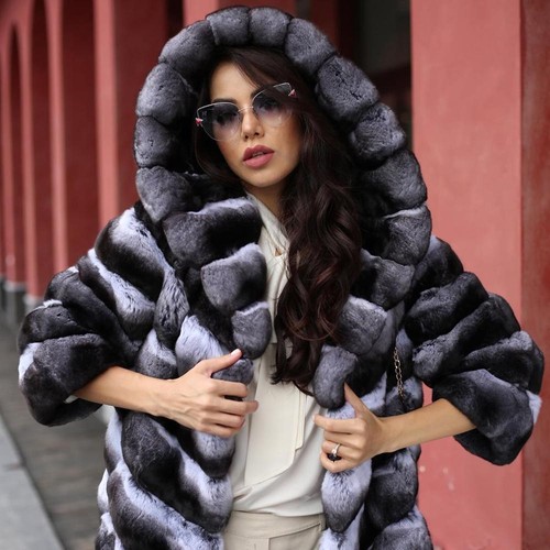 Women's Chinchilla Real Rex Rabbit Fur Coat Striped Jacket Thick Hooded ...