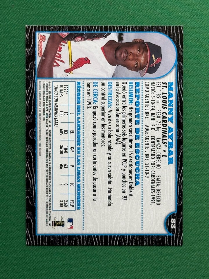 1999 Bowman Baseball International Parallel #83 Manny Aybar | eBay