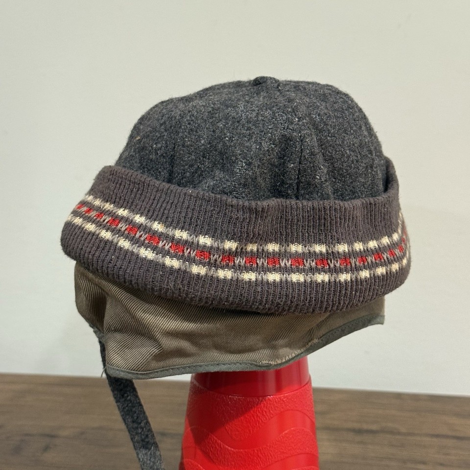 Vintage Wool Ear Flap Cap Gray Winter Hat Knit Band Chin Strap Lined | eBay