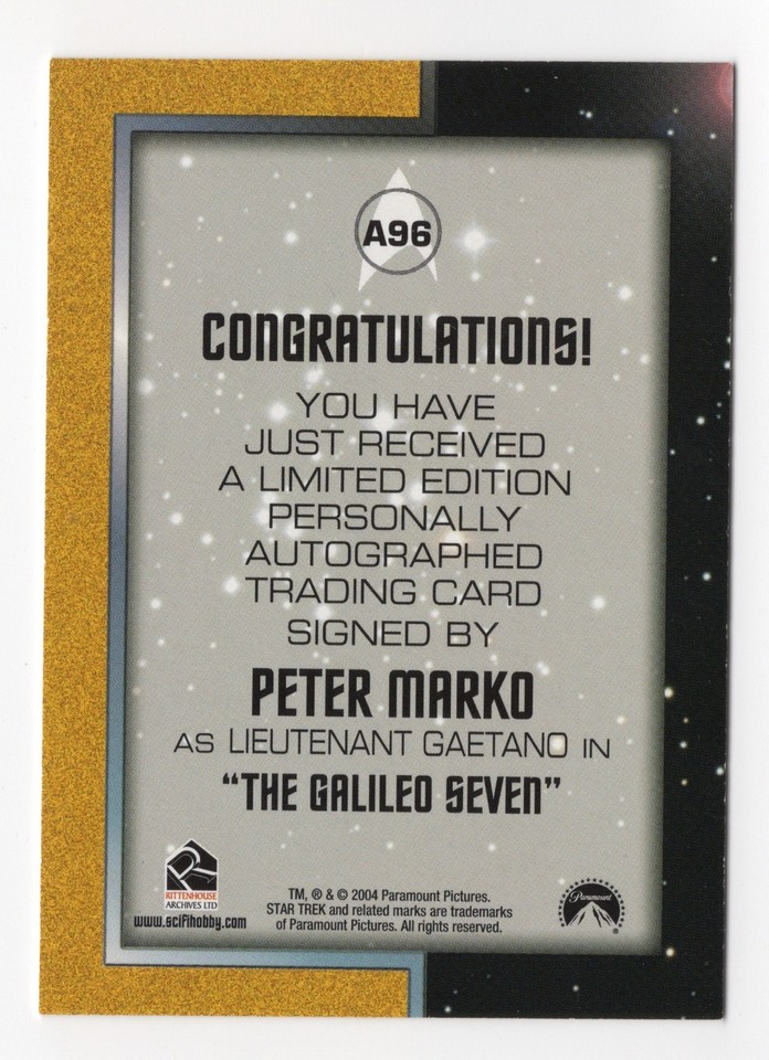 Peter Marko as Lt. Gaetano STAR TREK TOS Quotable Autograph Card Auto # ...
