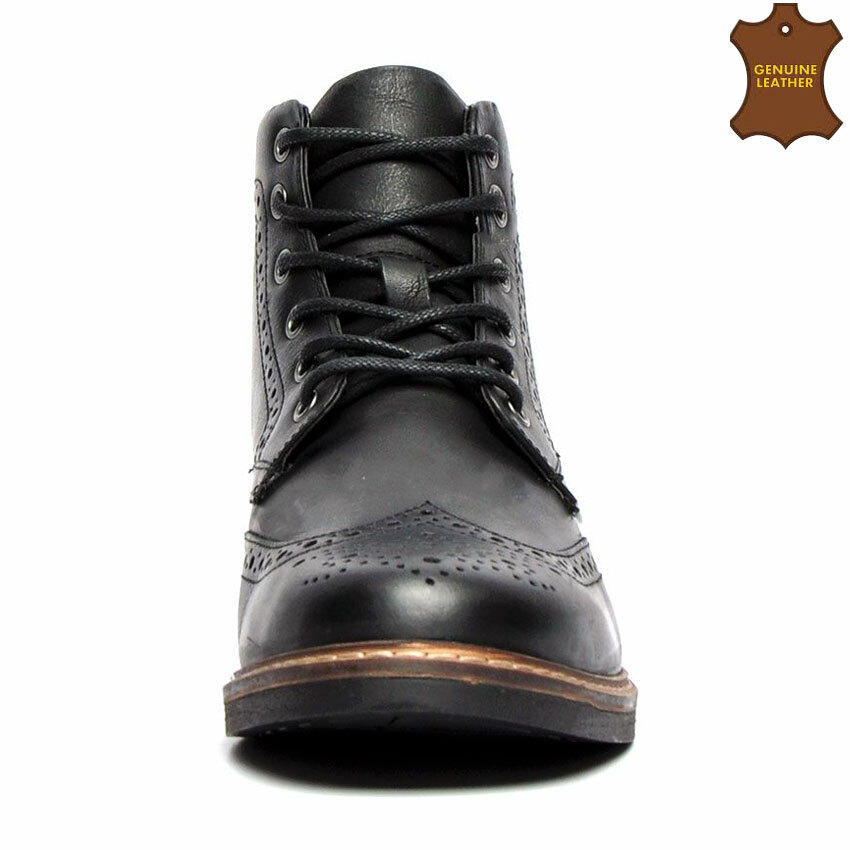 Mens Leather Boots Brogue Smart Formal Combat Lace New Army Ankle Boots ...