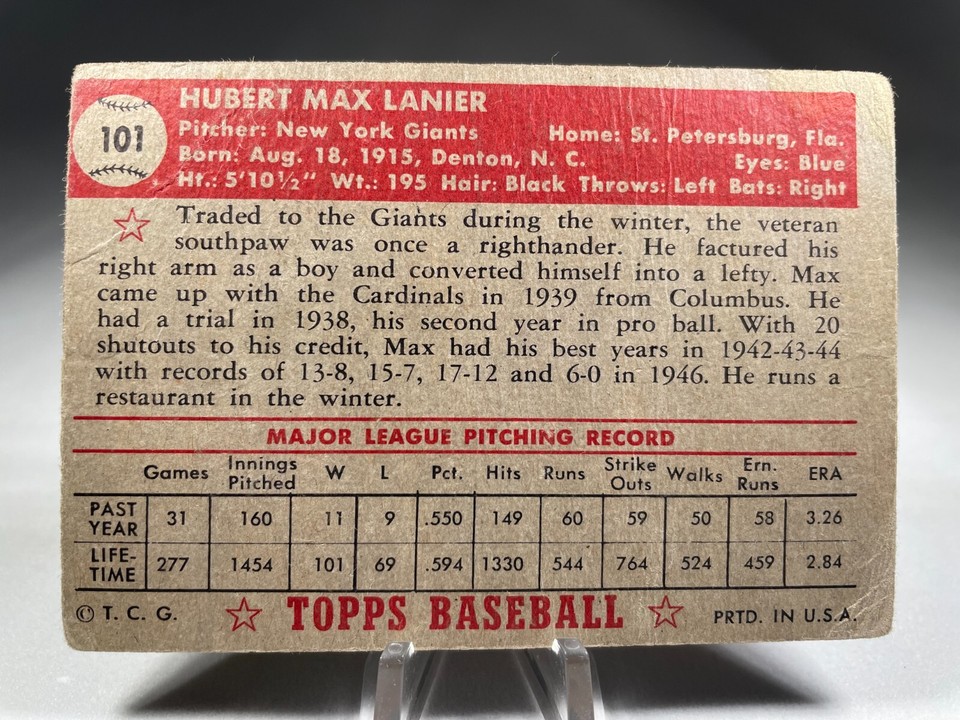 1952 Topps Baseball Max Lanier #101 New York Giants | eBay