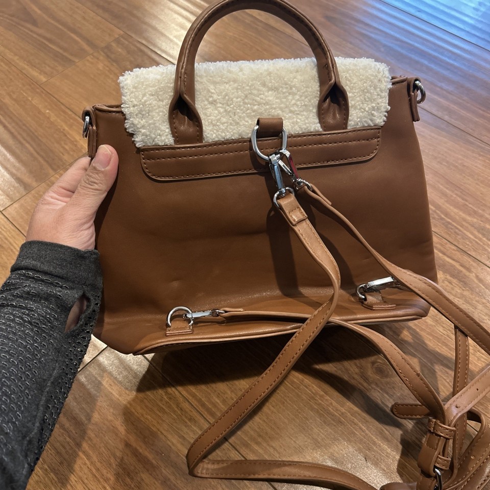 MMS Design Studio Tan White Backpack Bag Purse Faux Leather Sherpa ...