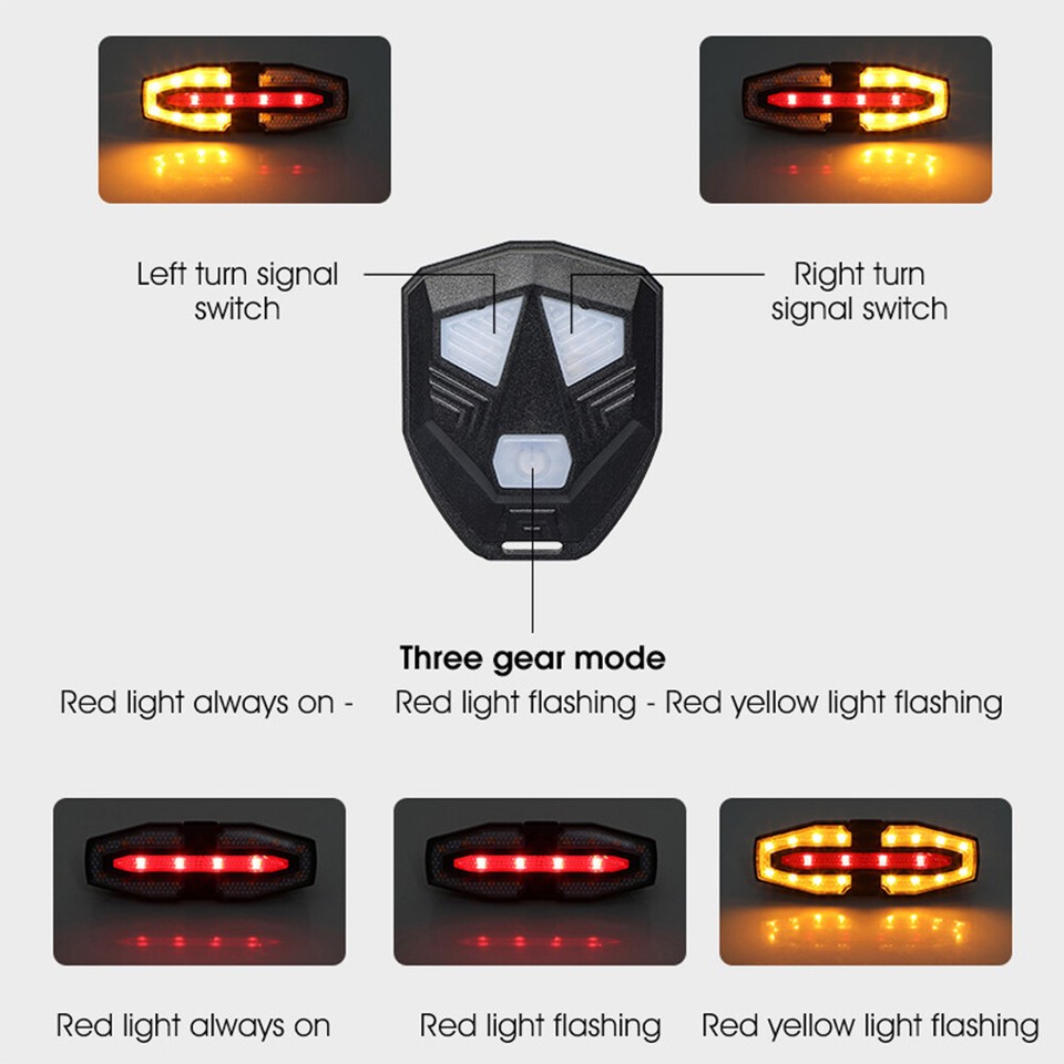 Bike Taillight Remote Turn Signal USB Light Wireless Warning Safety ...