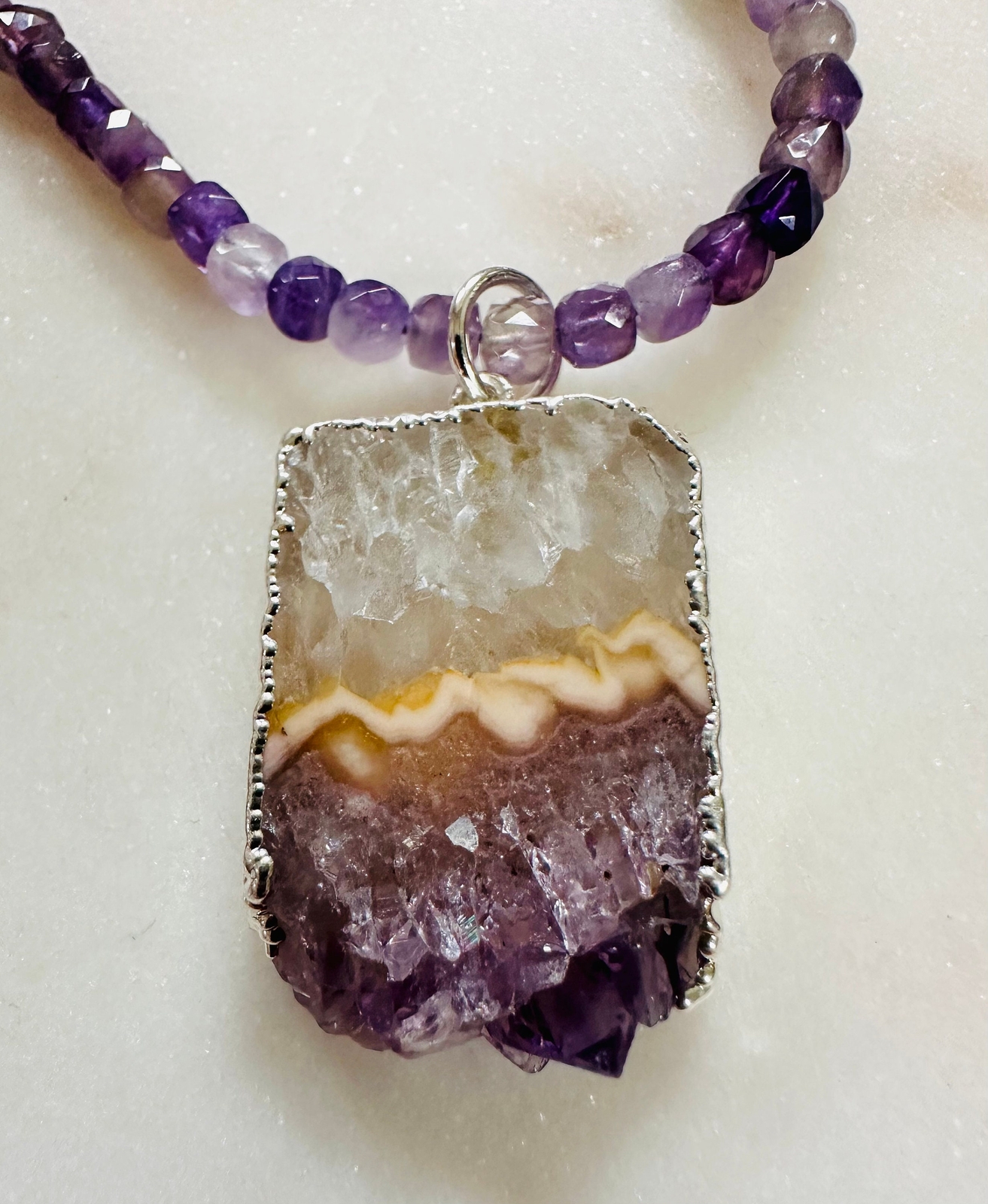 Amethyst Beaded Necklace 16.5inch Amethyst Pendant Semi-Precious Cubed ...