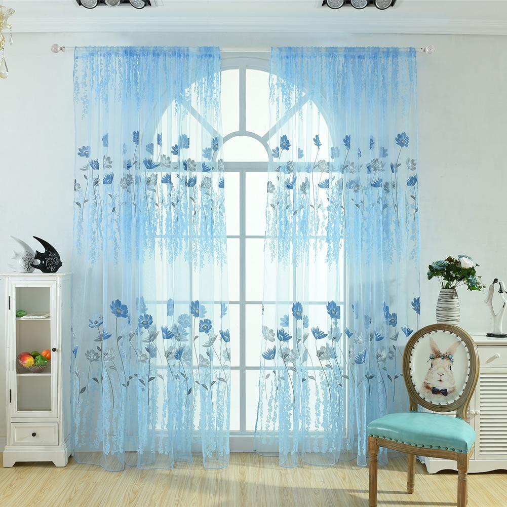 Offset Printing Sheer Curtain Yarn Tulle Window Screen Voile Panel(Blue ...