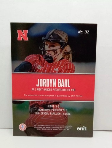 Jordyn Jordy Bahl 2024 ONIT Athlete NIL Auto Autograph 31/50 Nebraska Softball | eBay