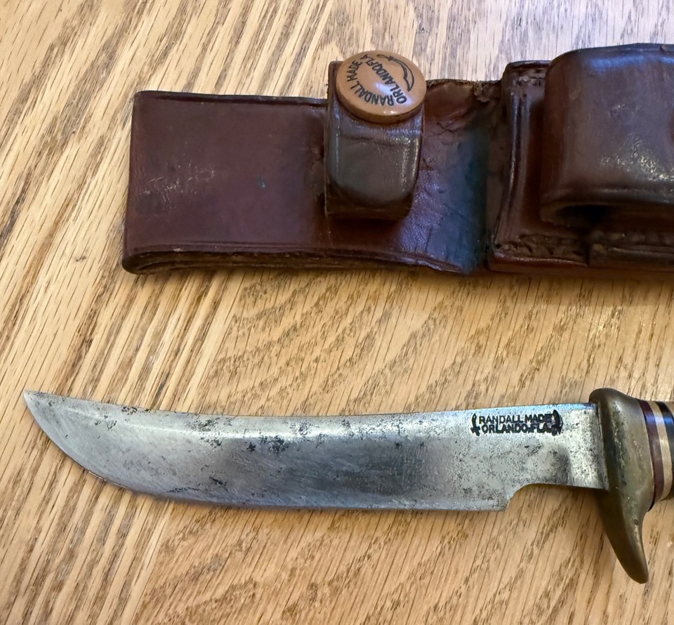 RARE BROWN BUTTON RANDALL KNIFE MODEL 7-4 1/2 USED & NO STONE IN SHEATH ...