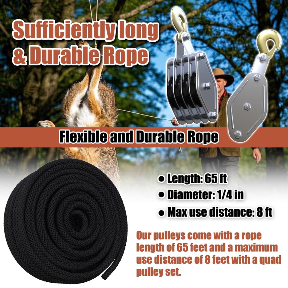 Block and Tackle Pulley System Heavy-duty Pulleys Strong Ropes (Black-4 ...