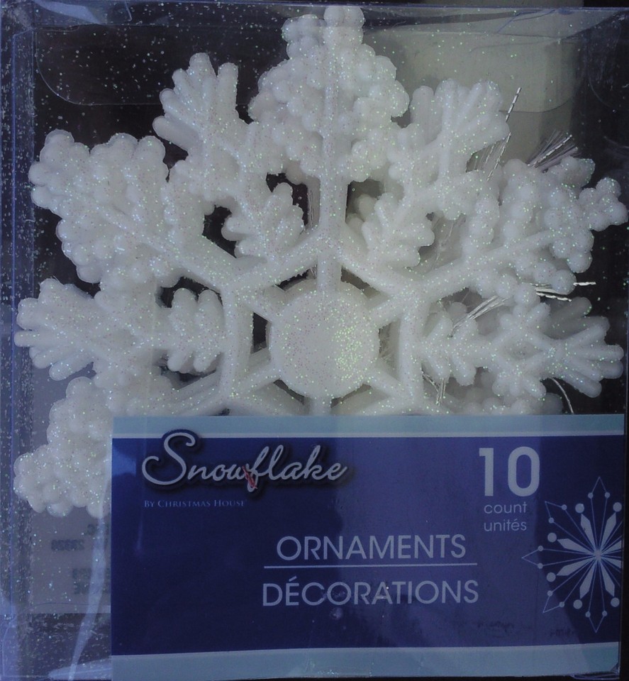 CHRISTMAS WHITE GLITTER SNOWFLAKES ORNAMENTS w Foil Loops, XM5 Select ...