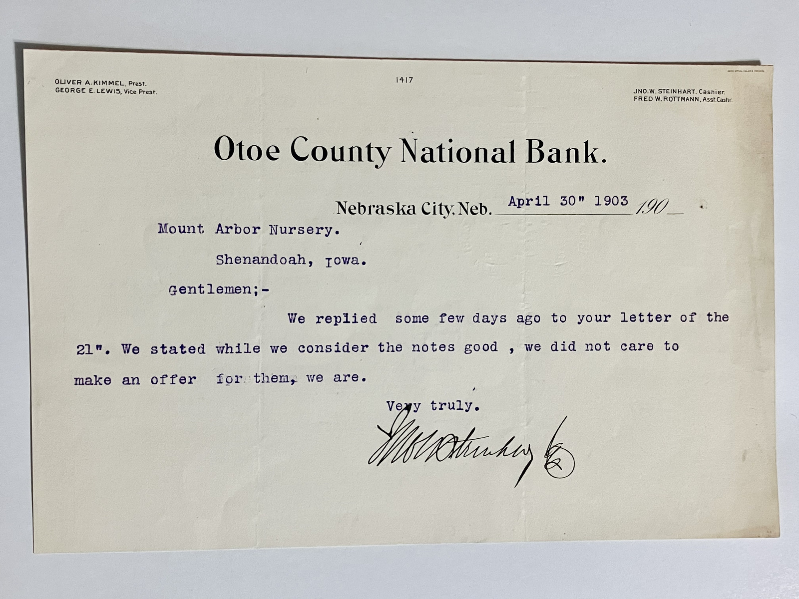 NEBRASKA CITY, NEBRASKA, OTOE COUNTY NATIONAL BANK, LETTERHEAD c. 1903 ...