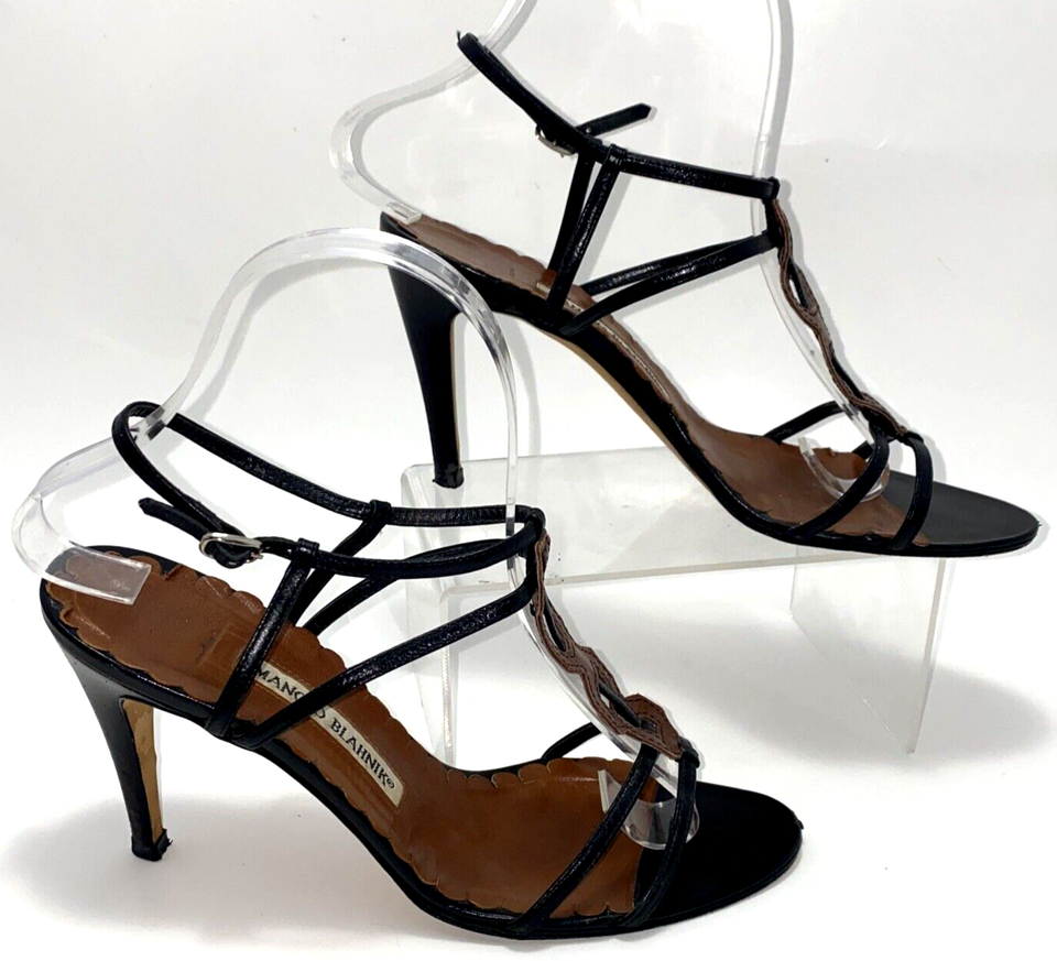 Monolo Blahnik Open Toe Strappy Heels Size 38 (US 8) Black Brown B*OS ...