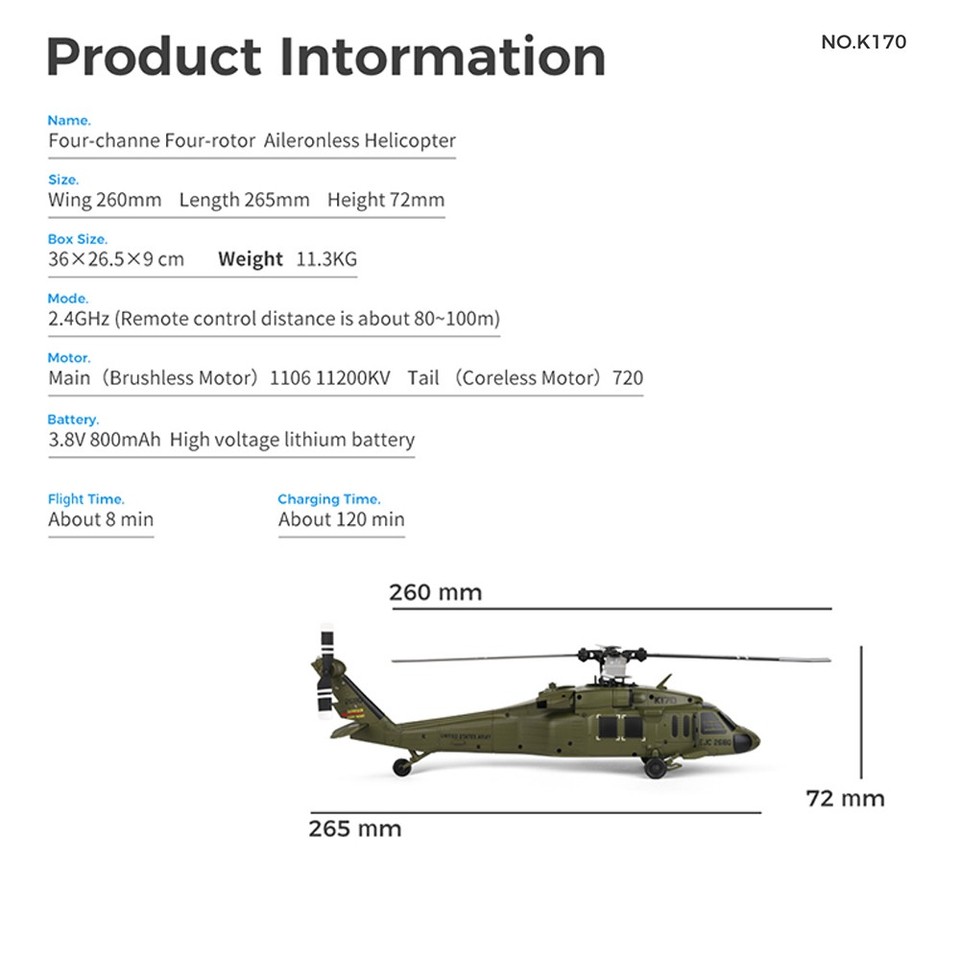 Wltoys K170 RC Helicopter UH-60L Black Hawk Brushless 6-Axis 4CH Remote ...