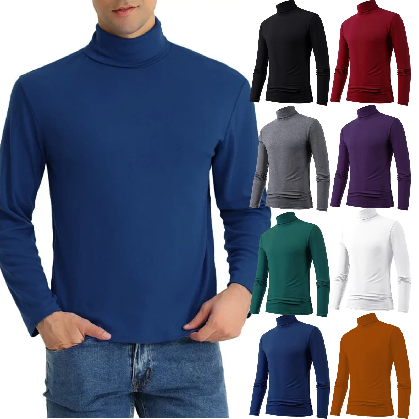 Mens Roll Neck Jumper Lightweight Baselayer Top Turtle Funnel Neck ...