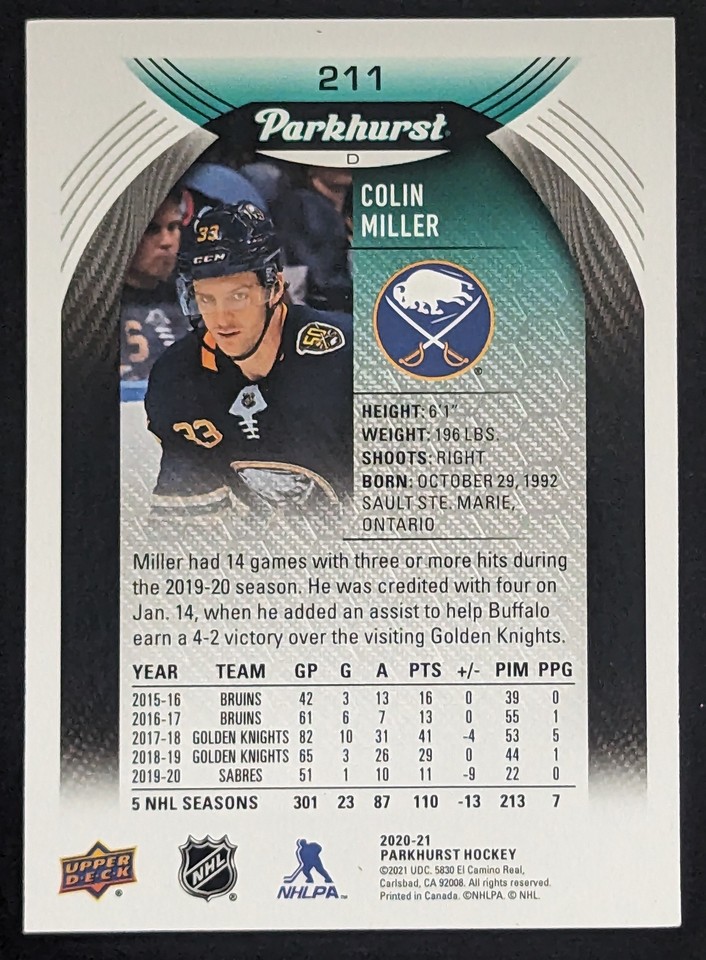 Colin Miller Buffalo Sabres 2020 Parkhurst #211 Bronze Parallel Trading ...