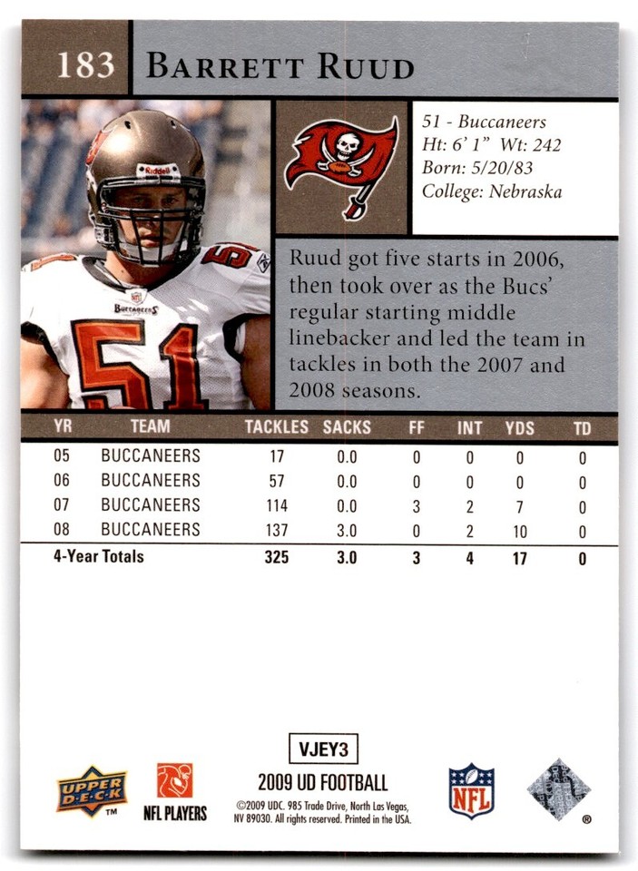 2009 Upper Deck Barrett Ruud Tampa Bay Buccaneers #183 | eBay
