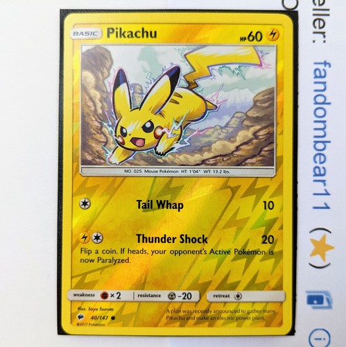 Pikachu REVERSE HOLO card 40/147 Sun & Moon Burning Shadows 2017 Mouse ...