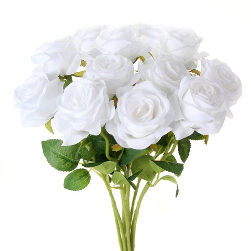 EZFLOWERY 12 Pcs Artificial Roses Flower White Silk with Single Stems ...