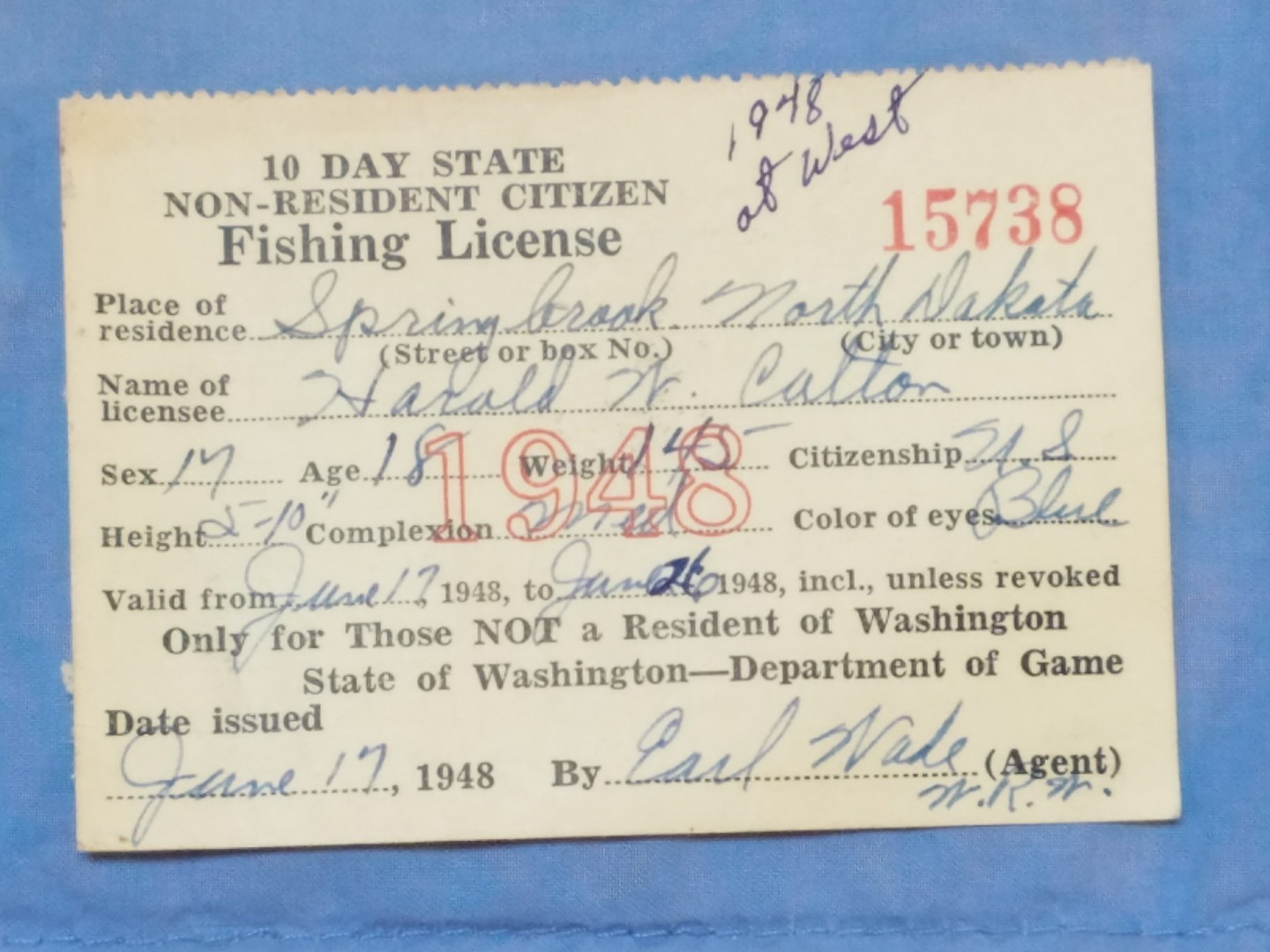 WASHINGTON 1948 Non-Resident 10 Day State Fishing License | eBay