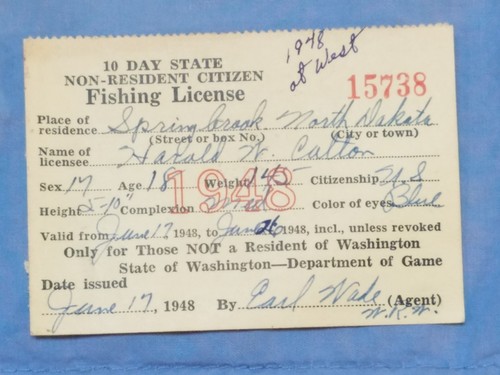 WASHINGTON 1948 Non-Resident 10 Day State Fishing License | eBay