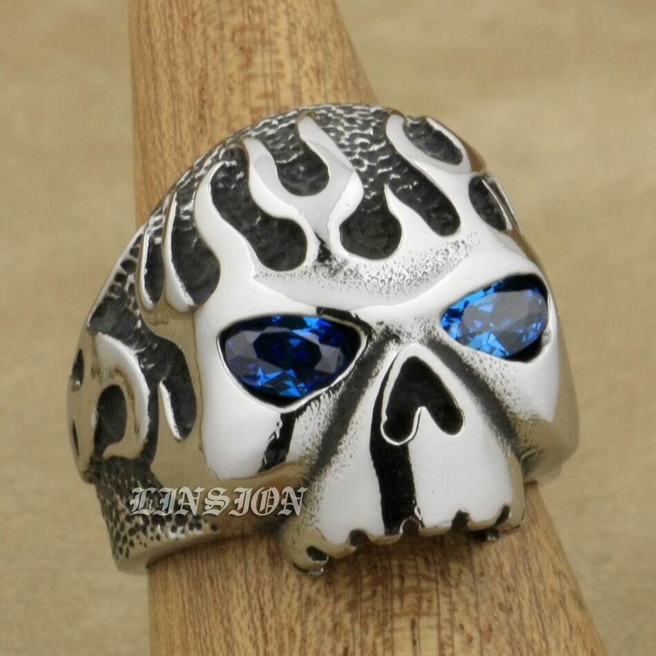 316L Stainless Steel Blue Eyes Fire Skull Mens Biker Punk Gothic Ring ...