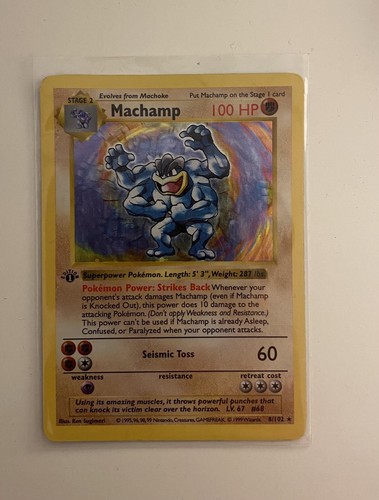 1999 Pokemon Card 1st Edition Base Set Shadowless Holo Machamp 8/102 ...