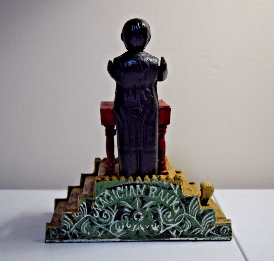 Cast Iron "MAGICIAN BANK" Mechanical Bank Antique, hat trick coin bank ...