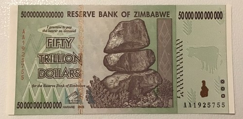 1 x 50 Trillion Dollar Zimbabwe Note. Genuine Authentic. UV Checked. AA ...