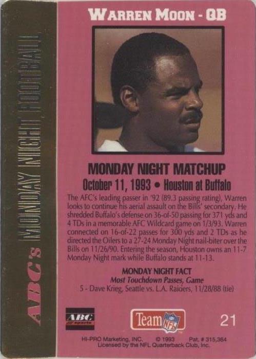 1993 Action Packed Monday Night Football Warren Moon #21 for sale | eBay