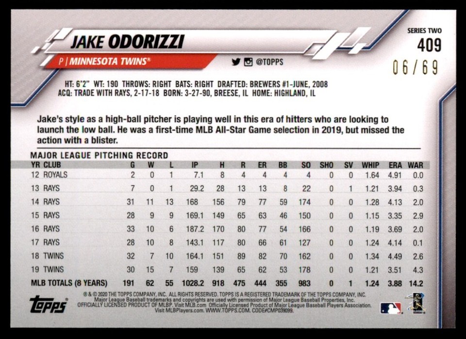 Jake Odorizzi 2020 Topps Black #409 /69 Minnesota Twins Numbered ...