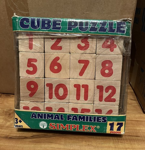 Vintage Simplex Wooden Cube Puzzle 17 Pieces Blocks Animals Numbers 3 ...