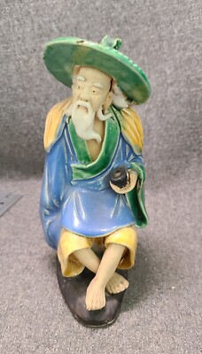 Vintage Antique Chinese Mudman Sitting w / Green Hat Ceramic Figurine ...