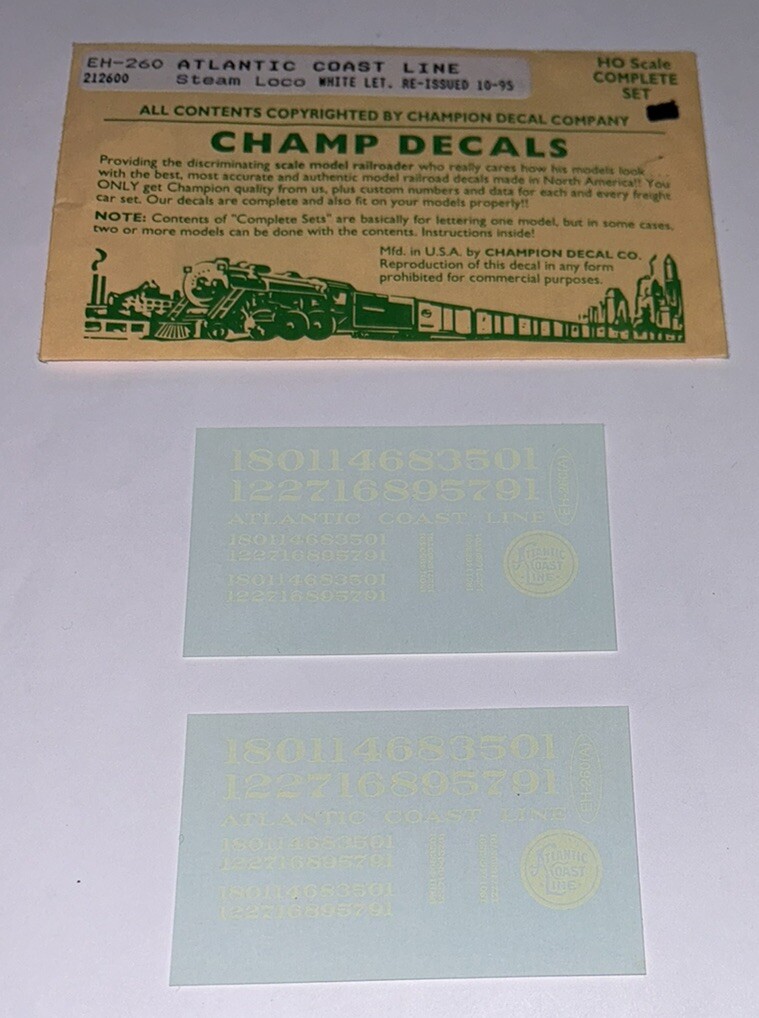 CHAMP HO DECAL-ATLANTIC COAST LINE/ACL STEAM LOCOMOTIVE-WHITE LETTERING ...