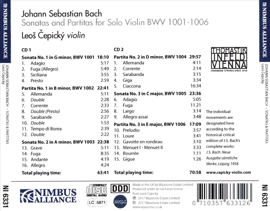 JOHANN SEBASTIAN BACH: SONATAS AND PARTITAS FOR SOLO VIOLIN BWV 1001 ...