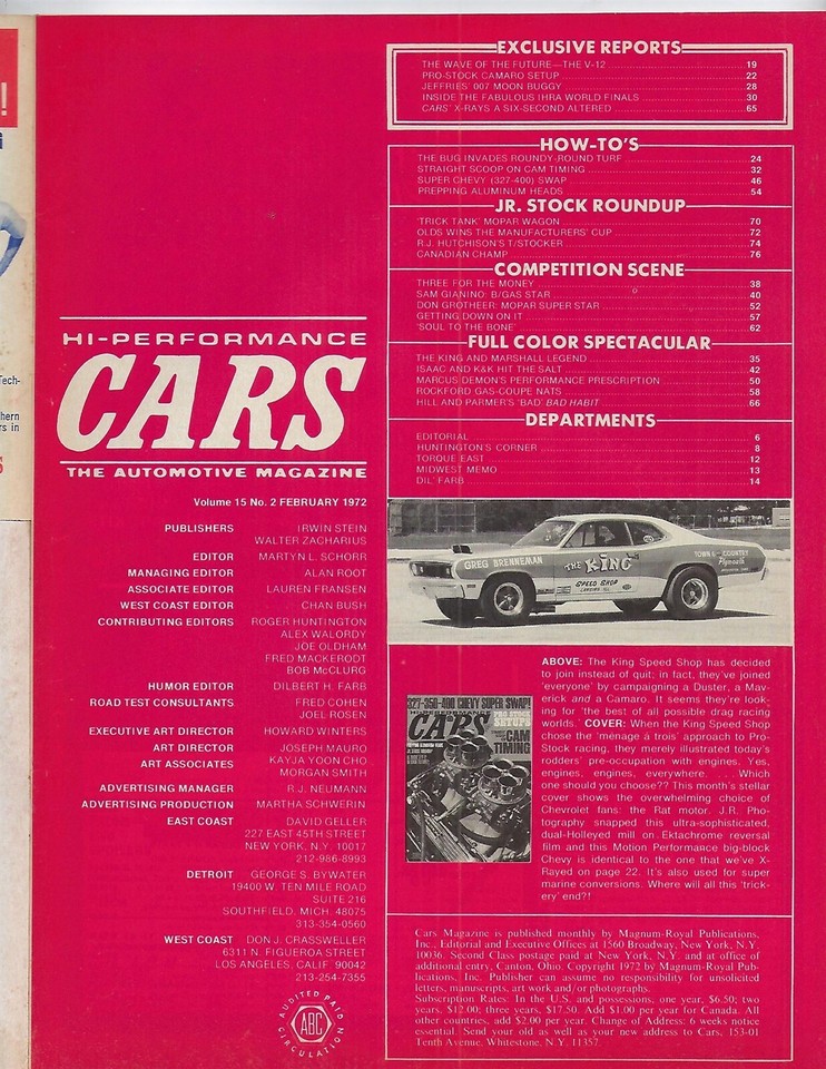 High Performance Cars magazine February 1972 good condition Mopar Chevy ...