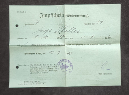 WWII WW2 German Vaccination certificate document 1930 Joseph Schiller ...