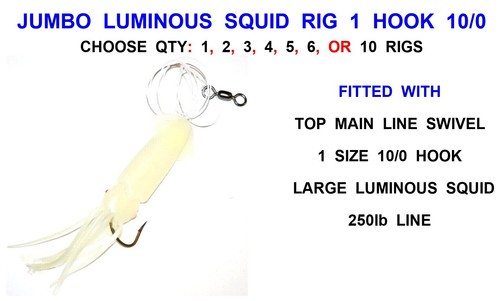 JUMBO LUMINOUS SQUID RIG 1 HOOK 10/0 SEA FISHING LURES COD POLLOCK LING ...