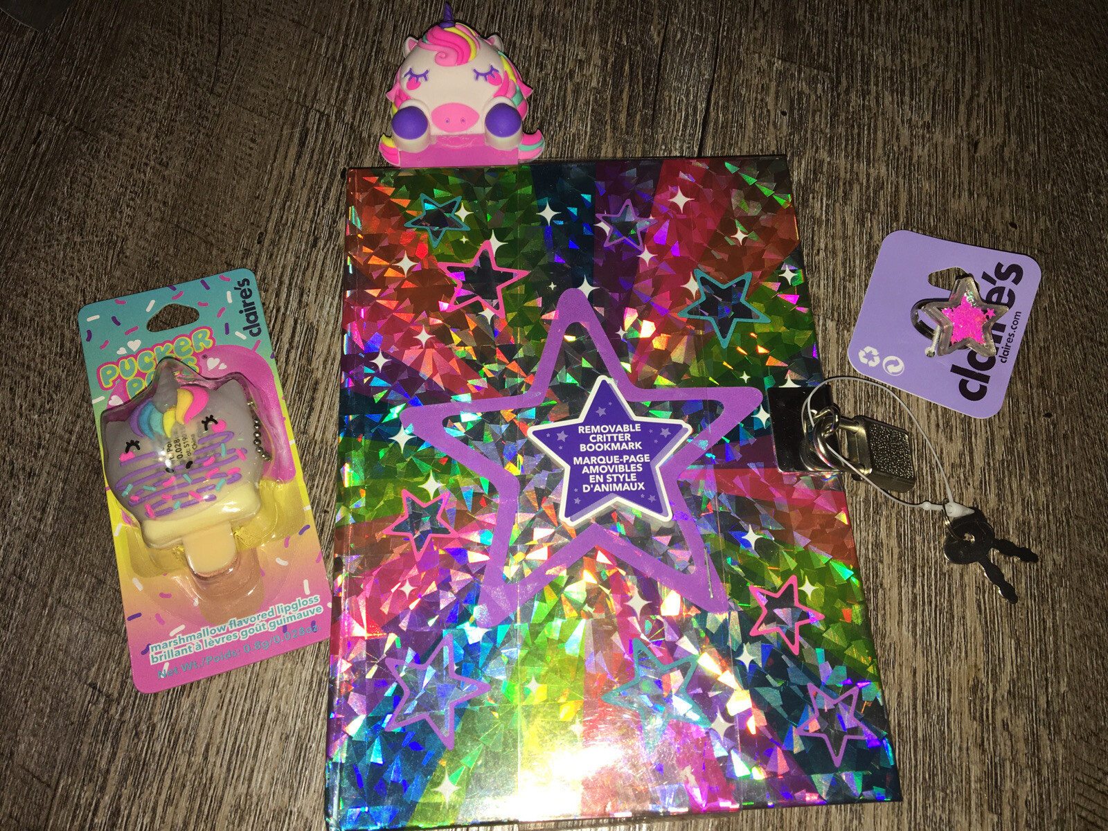 Claire’s Unicorn Rainbow Star Diary Lipgloss Keychain Ring Lot | eBay